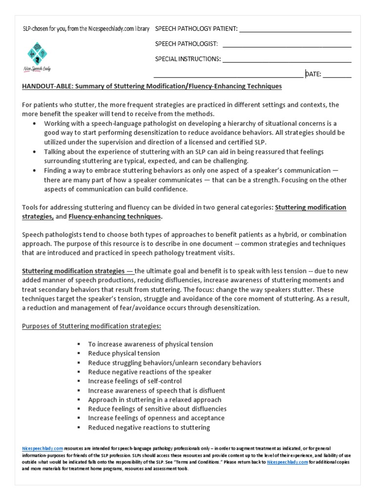 HANDOUT ABLE Summary of Stuttering ModificationFluency Enhancing ...