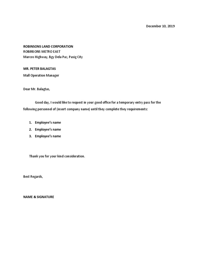 Temporary Entry Pass Request Letter | PDF