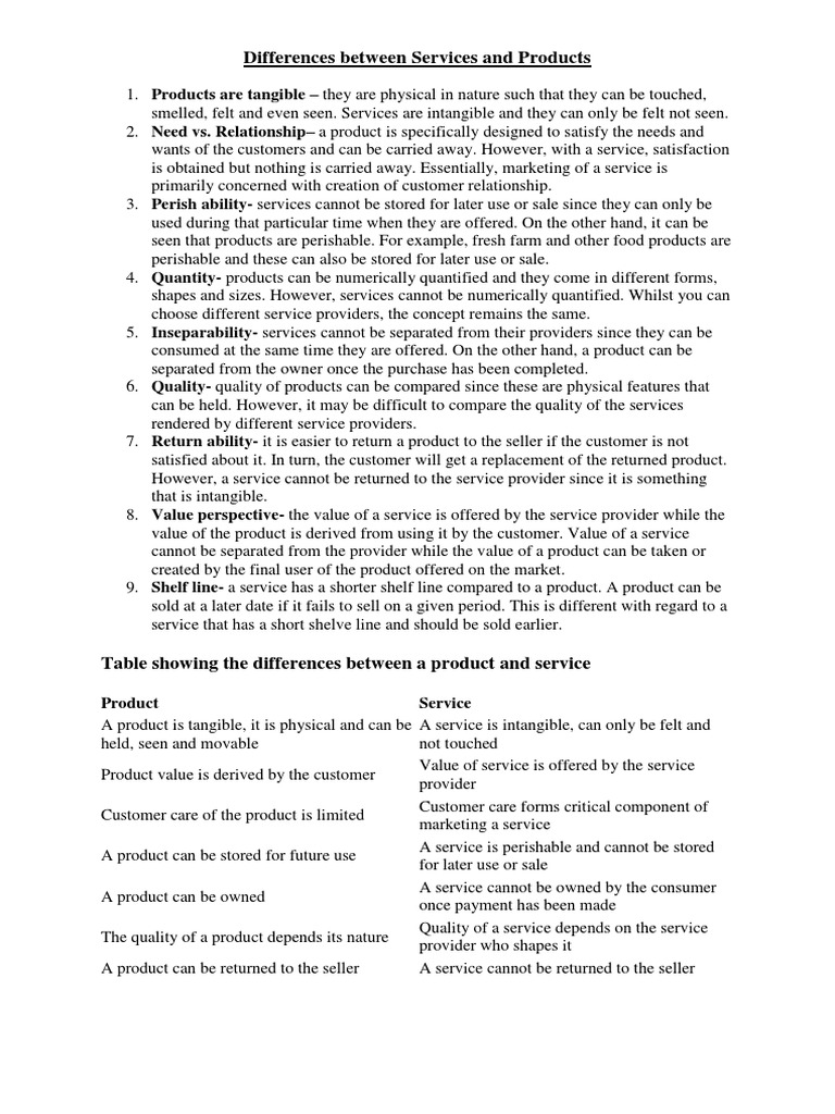 Differences Between Services And Products Pdf Sales Customer
