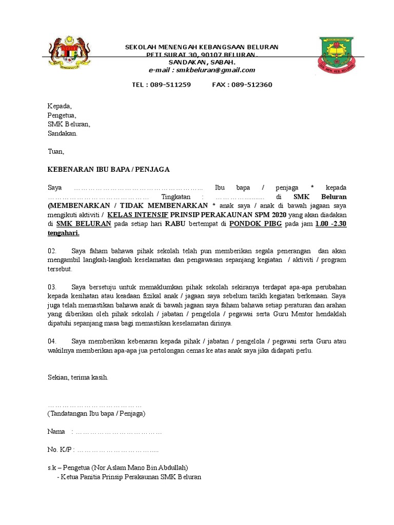 SURAT KEBENARAN IBU BAPA Untuk Mengikuti Program Sekolah | PDF