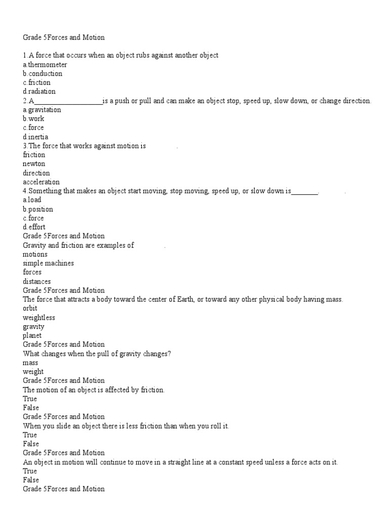 Grade 5forces and Motion | PDF | Weight | Force