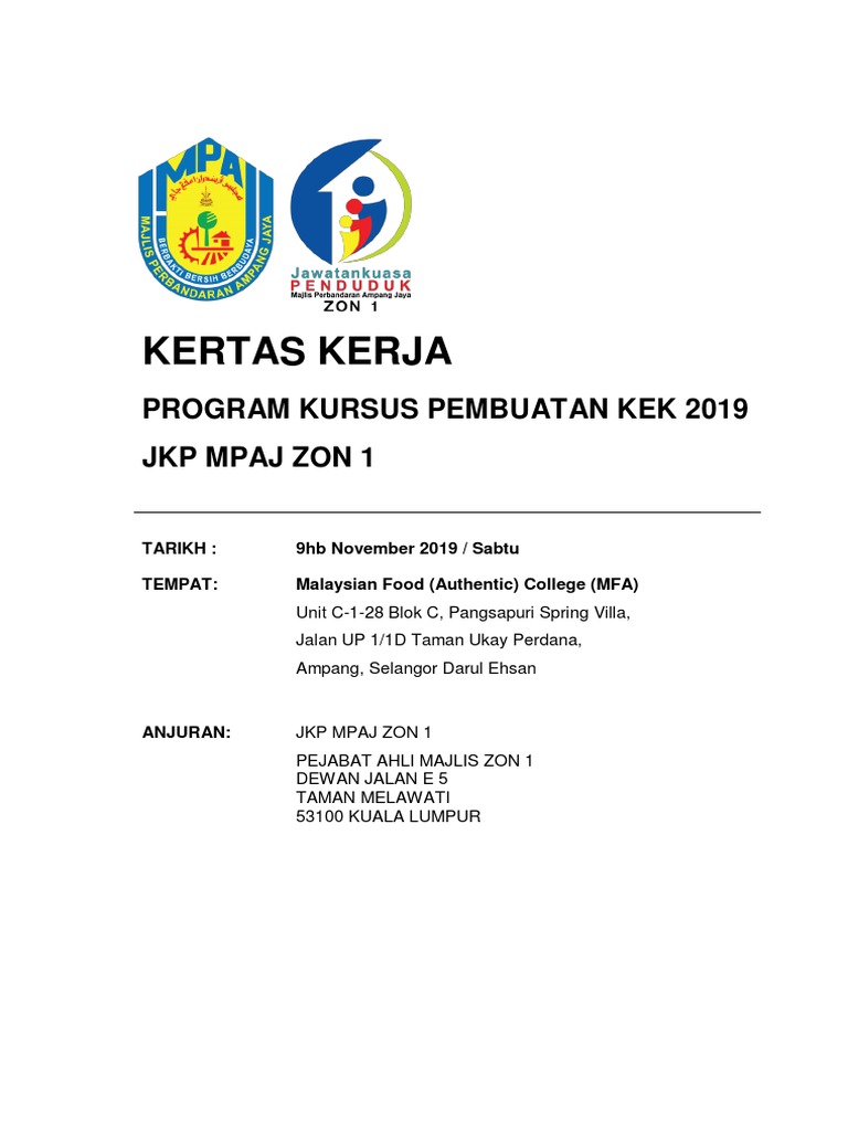 Kertas Kerja Kursus Membuat Kek 2019 | PDF
