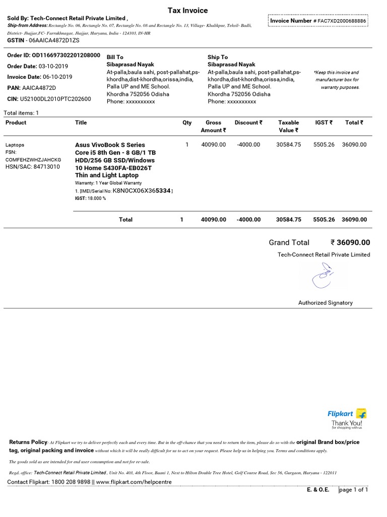 Asus Laptop Invoice | PDF | Computer Hardware | Computing