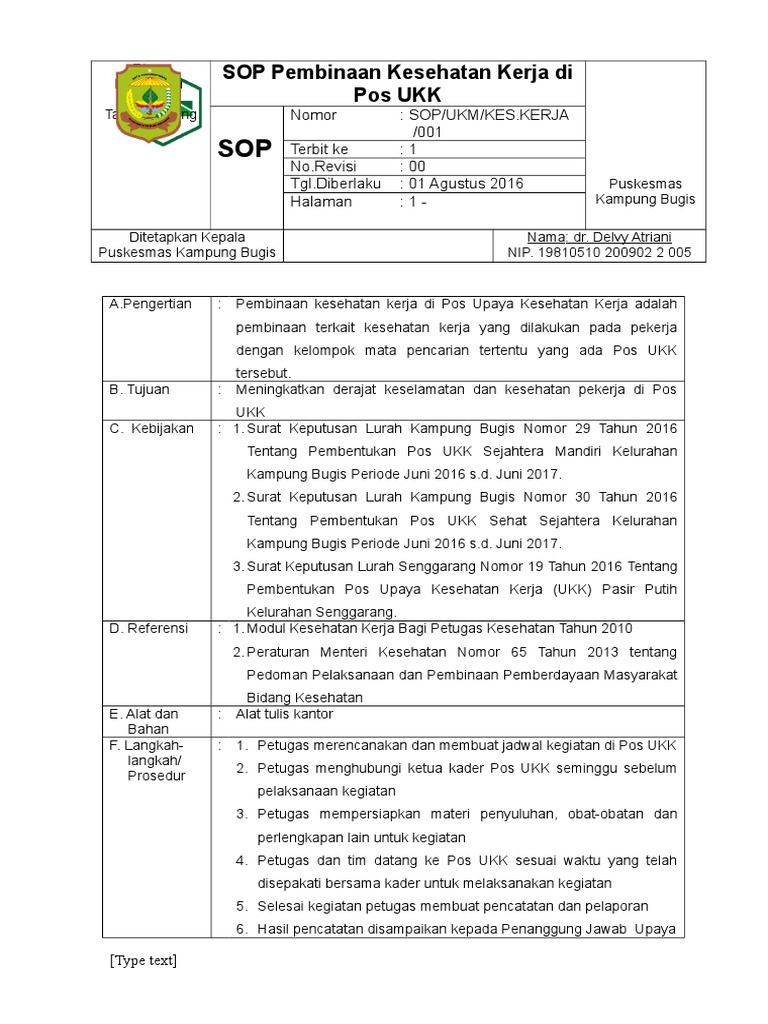 SOP Pembinaan Kesehatan Kerja Di Pos UKK | PDF