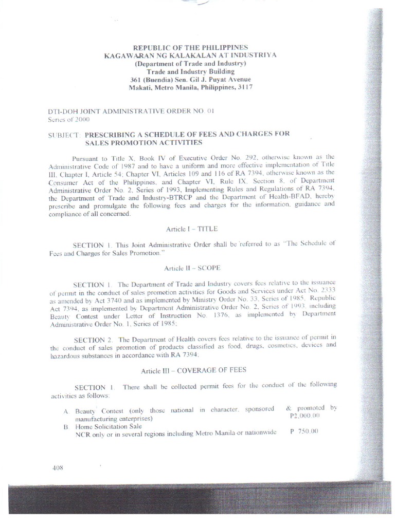Schedule of Fees For Sales Promotion Permit (DTI-DOH Joint ...