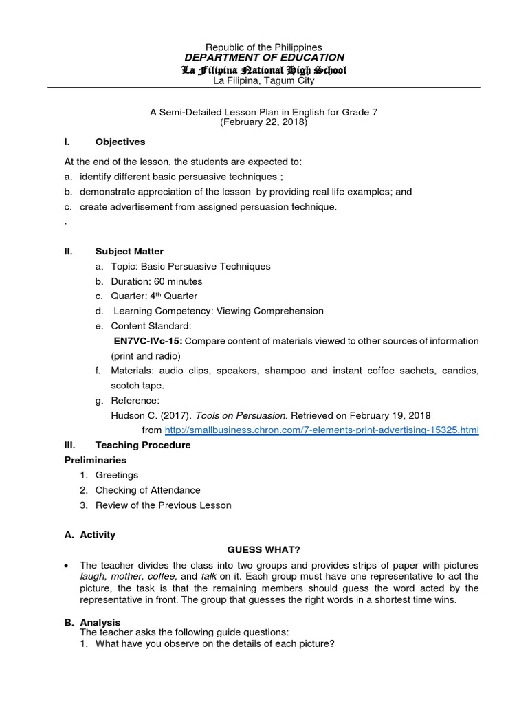 Lesson Plan On The Basic Tools On Persuasion | PDF | Persuasion ...