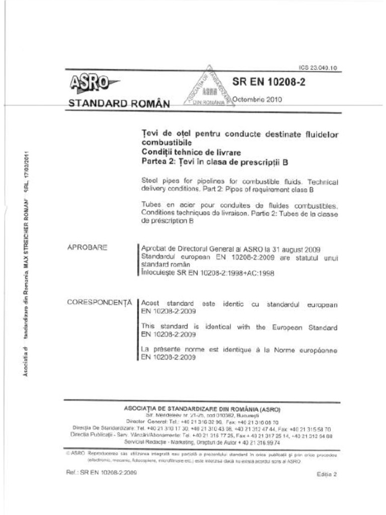 SR EN 10208 Stas Tevi Transport Gaze PDF | PDF