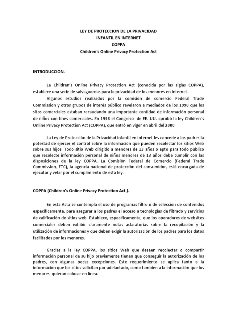 Ley COPPA: Protección Infantil en Internet | PDF | Privacidad en ...