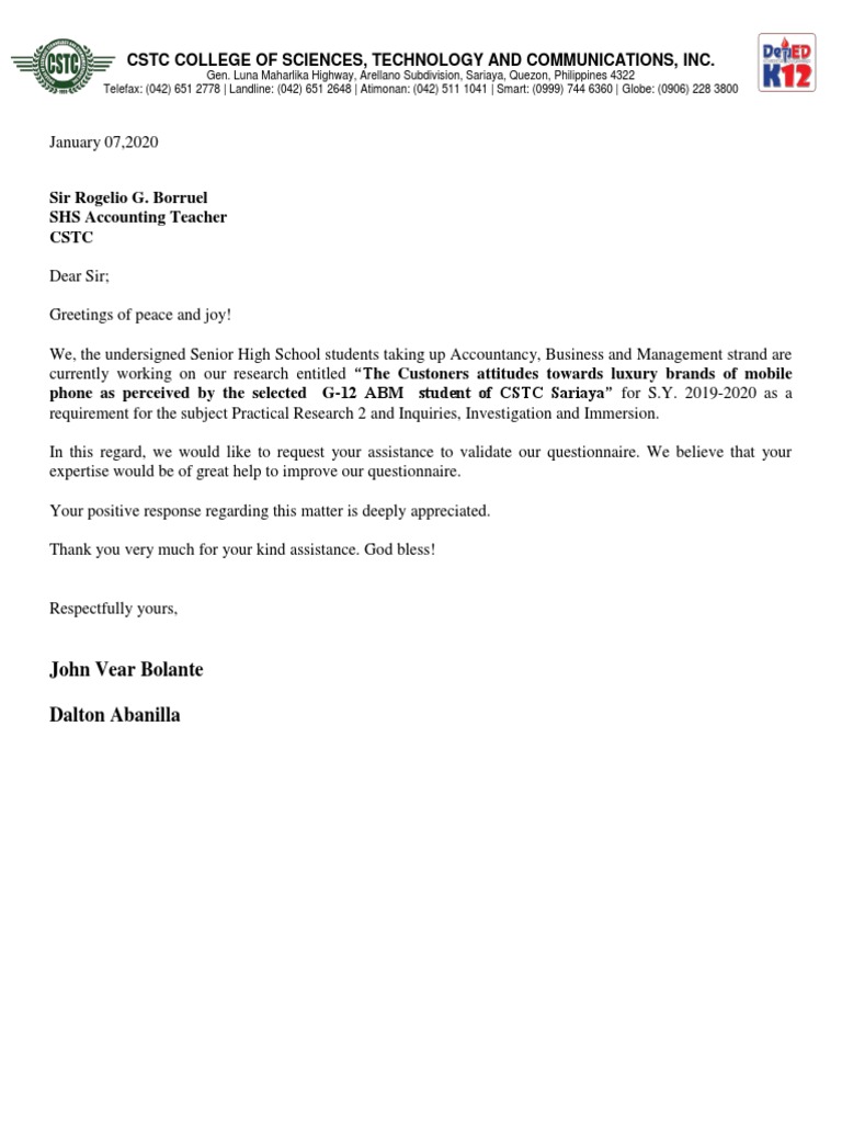 Sample Letter For Validators | PDF