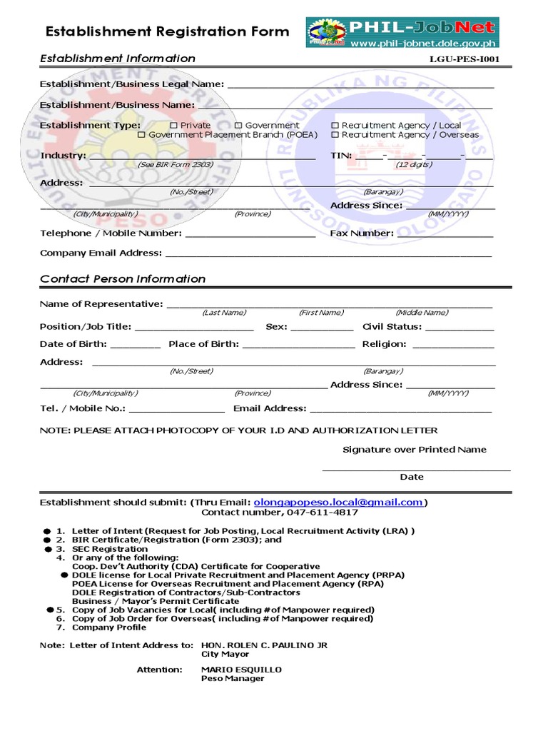 PESO Local Establishment Registration Form | PDF | Government ...