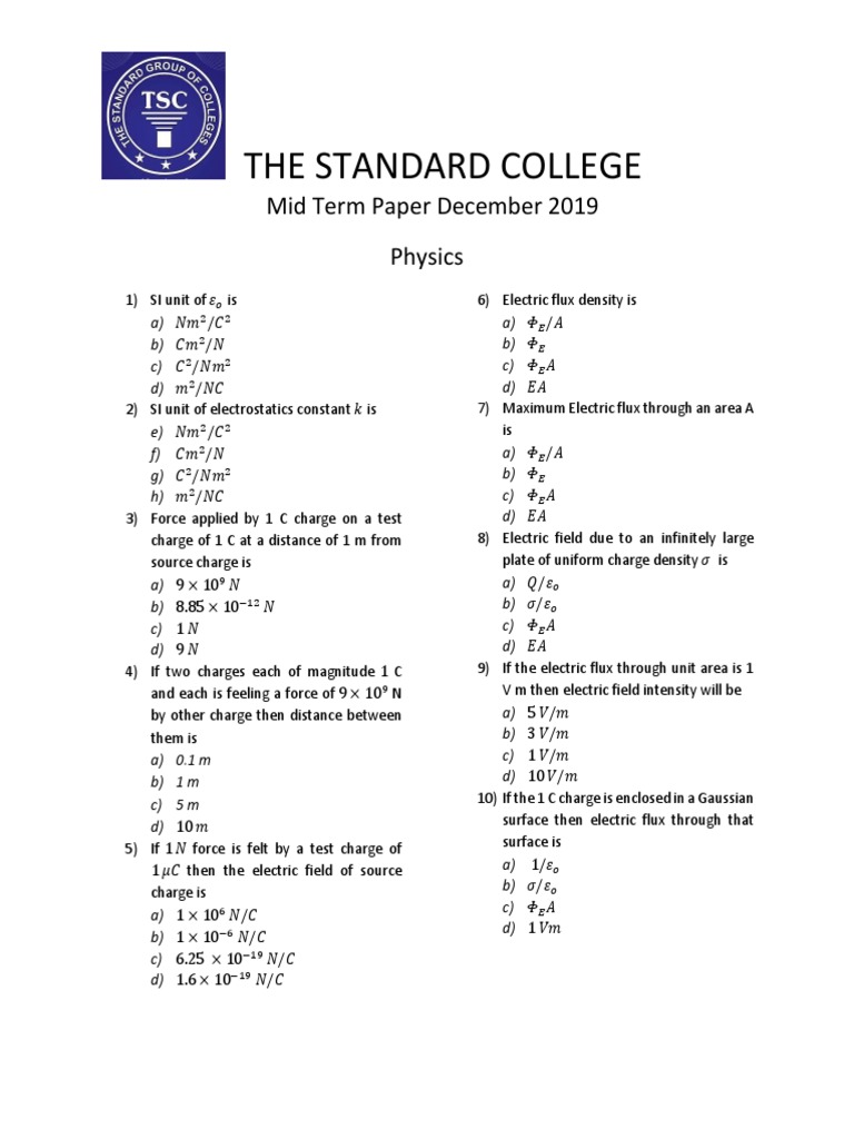 TSC Paper of Physics-1 (BS CS & IT Khichiyan Campus) | PDF | Electric ...