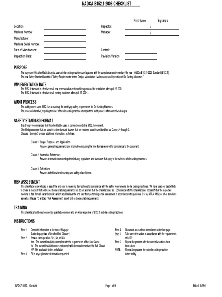 NADCA B152.1 Compliance Checklist | PDF | Safety | Machines