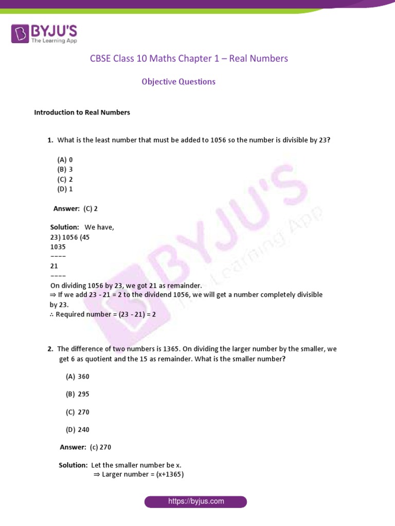 CBSE Class 10 Maths Chapter 1 Real Numbers Objective Questions ...