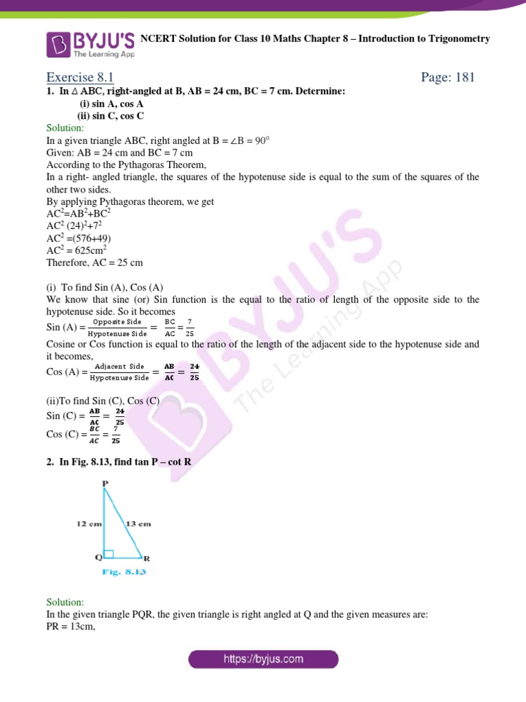 Class 10 Trigonometry Exercise 8.1 Solutions | PDF | Sine ...