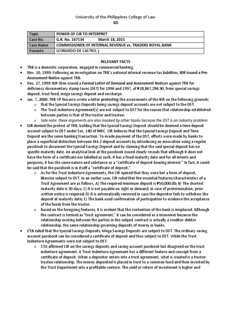 CIR V Traders Royal Bank, GR No. 167134, Mar 18, 2015 | PDF | Trust Law ...
