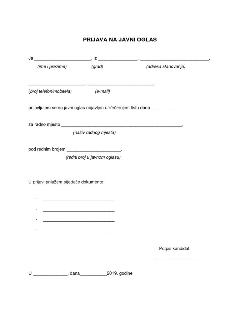 Obrazac Prijave Na Javni Oglas | PDF