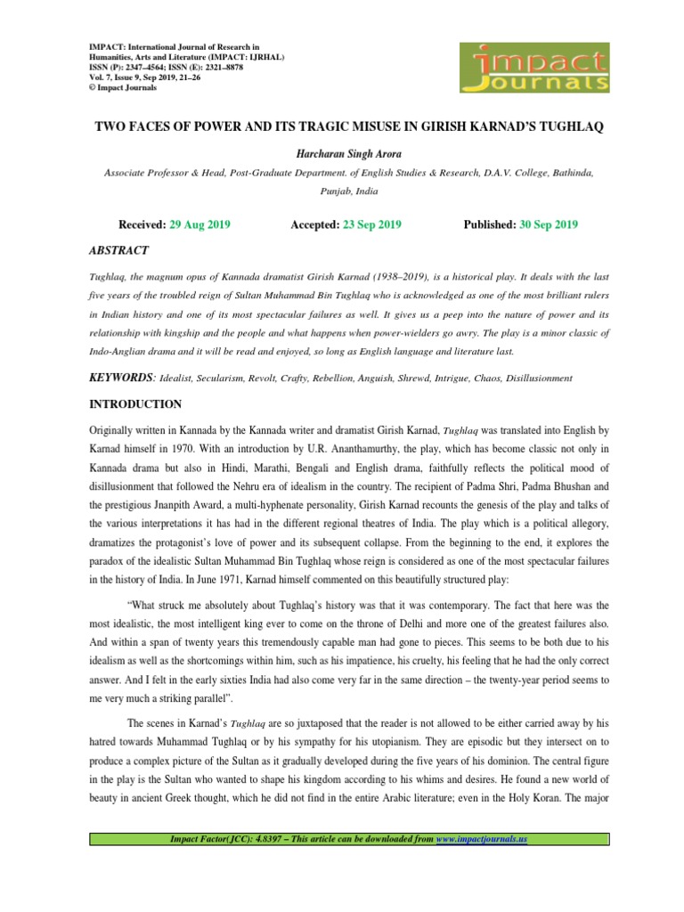 Ijrhal - Two Faces of Power and Its Tragic Misuse in Girish Karnad - 12 ...