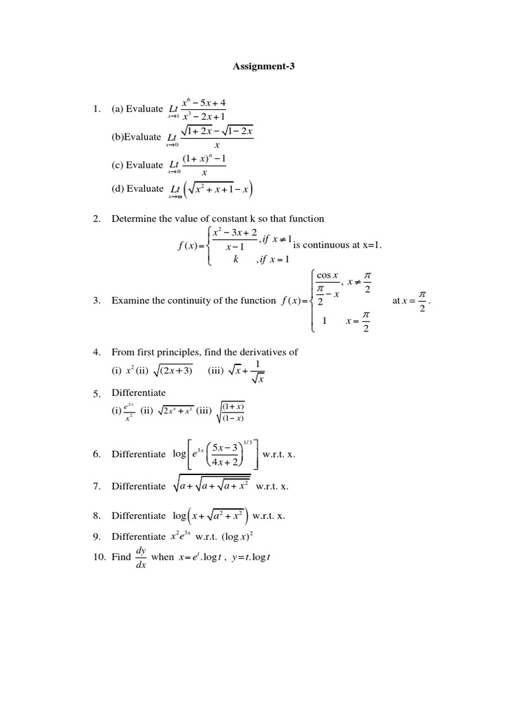 Assignment-3 - Limit, Continuity and Differentiation | PDF