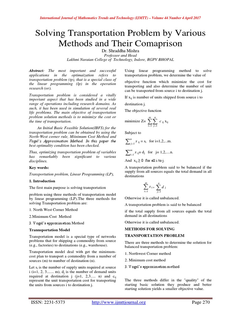 Comparing Methods for Solving Transportation Problems: An Analysis of the North-West Corner ...