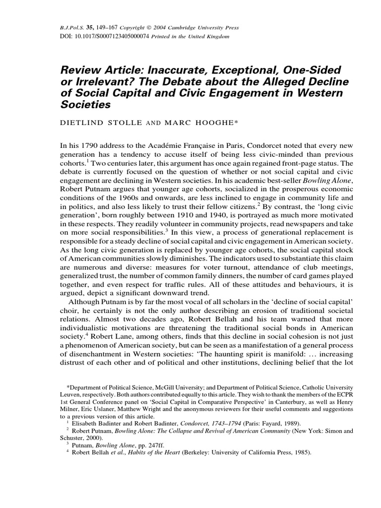 R. Putnam - Critique On Bowling Alone (Book Review) PDF | Download Free ...