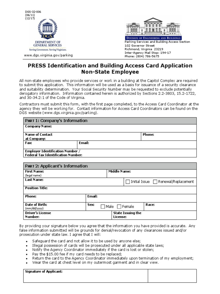 PRESS Identification and Building Access Card Application Non-State ...