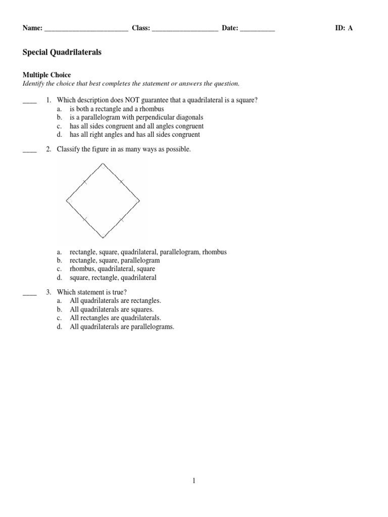 Special Quadrilaterals Assessment | PDF | Rectangle | Euclid