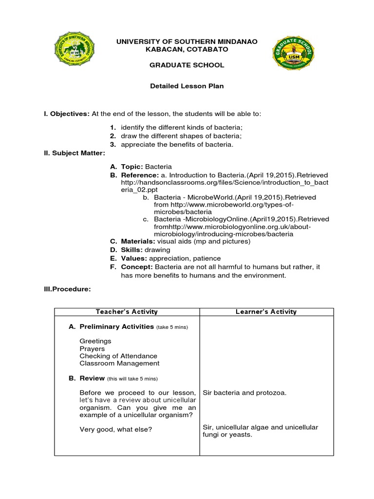 Detailed Lesson Plan About Bacteria | PDF | Lactobacillus | Bacteria