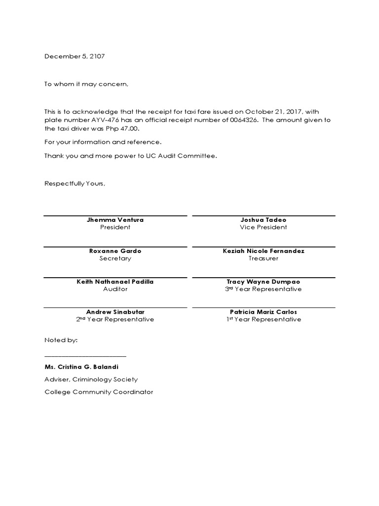 Acknowledgement Letter For Taxi Fare 2 | PDF