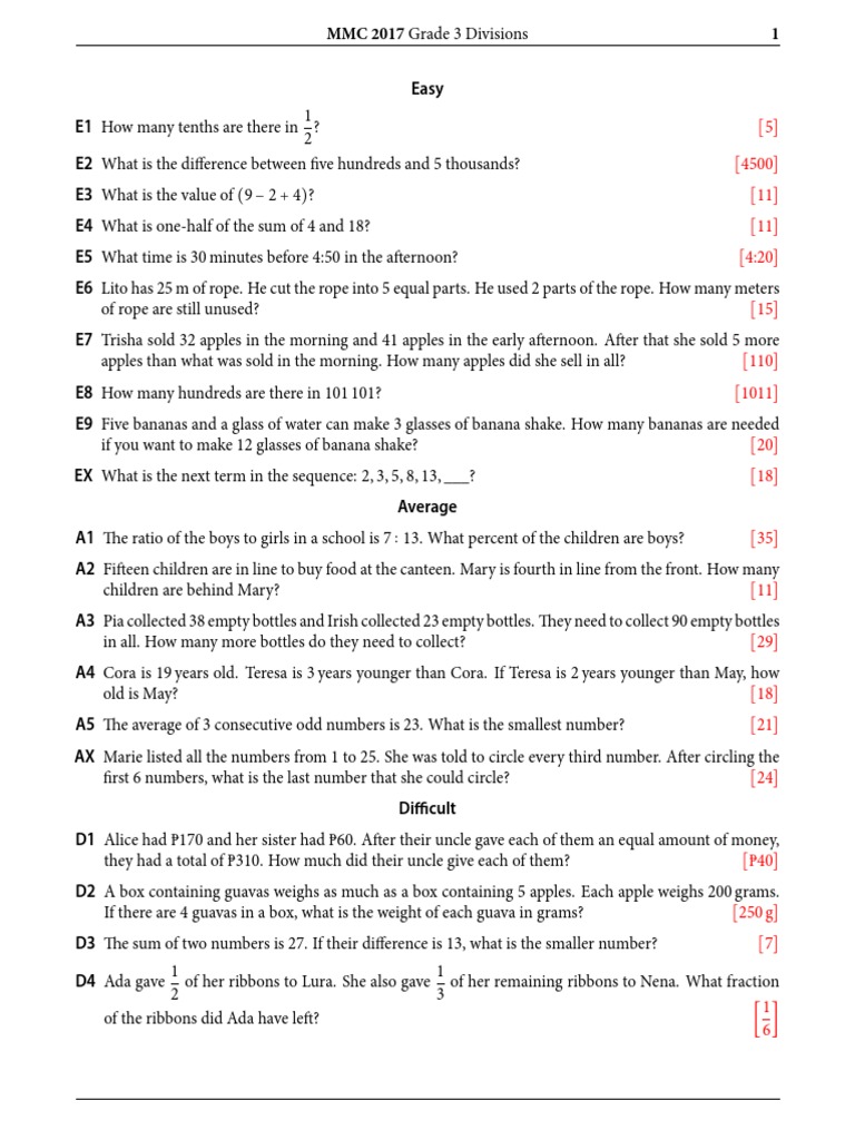 MMC 2017 Gr3 Div | PDF | Numbers | Chess Theory