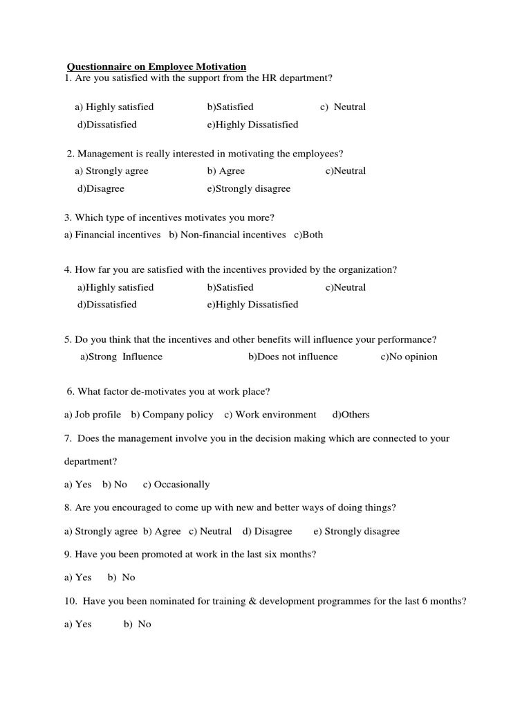 Questionnaire On Employee Motivation | PDF | Motivation | Motivational