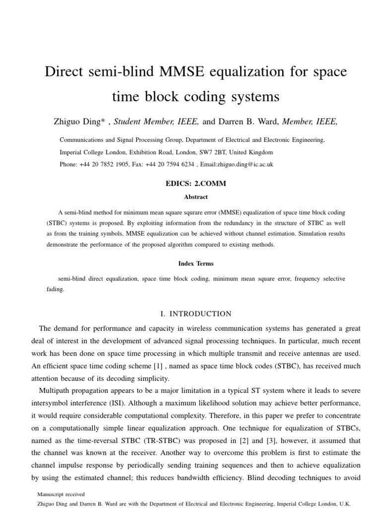 Direct Semi-Blind MMSE Equalization For Space Time Block Coding Systems | PDF ...