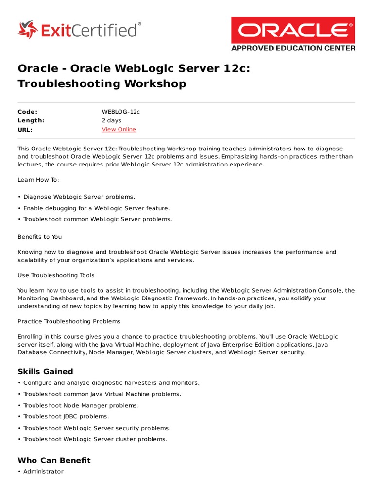 Oracle Weblogic Server 12c Troubleshooting Workshop | PDF | System Administrator | Oracle ...