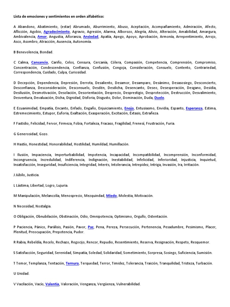 Lista de Emociones y Sentimientos en Orden Alfabético | PDF ...
