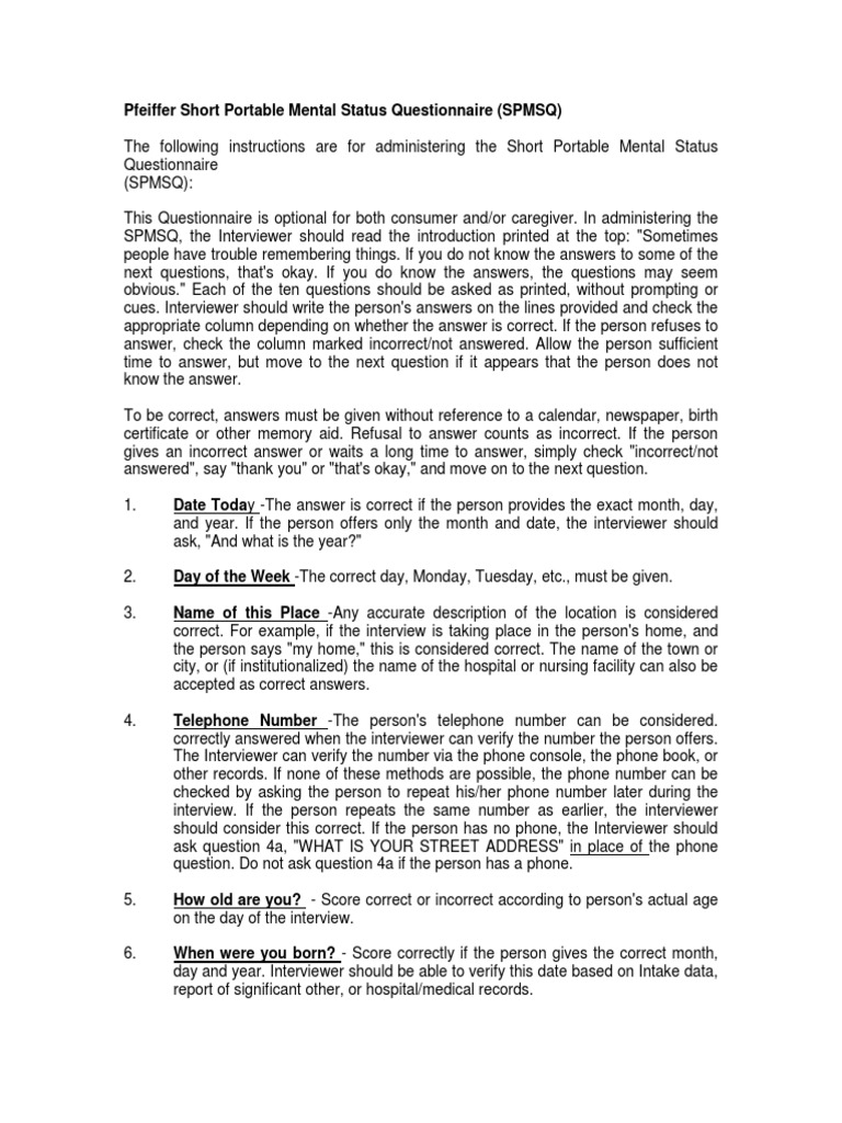 SPMSQ | PDF | Psychological Evaluation | Question