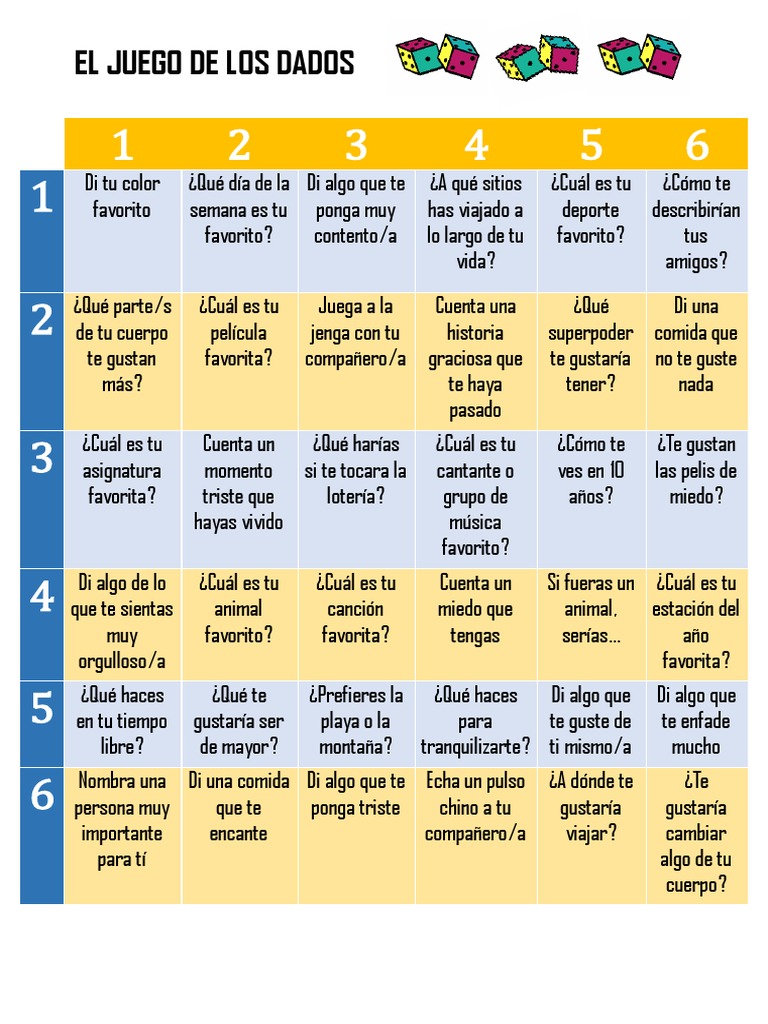 Juego de Dados: Preguntas Divertidas | PDF | Artes del Lenguaje y ...