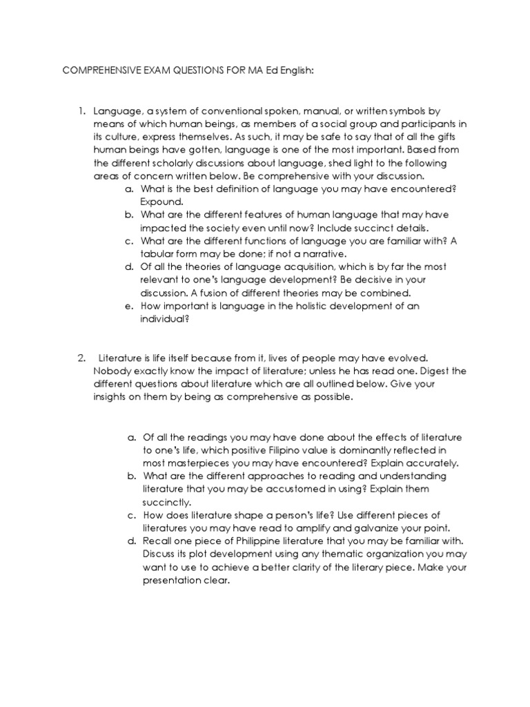 COMPREHENSIVE EXAM QUESTIONS FOR MA Ed English | PDF | Communication ...