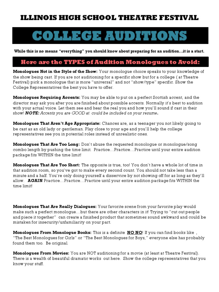 COLLEGE AUDITIONS Tips For Students | PDF | Audition | Monologue