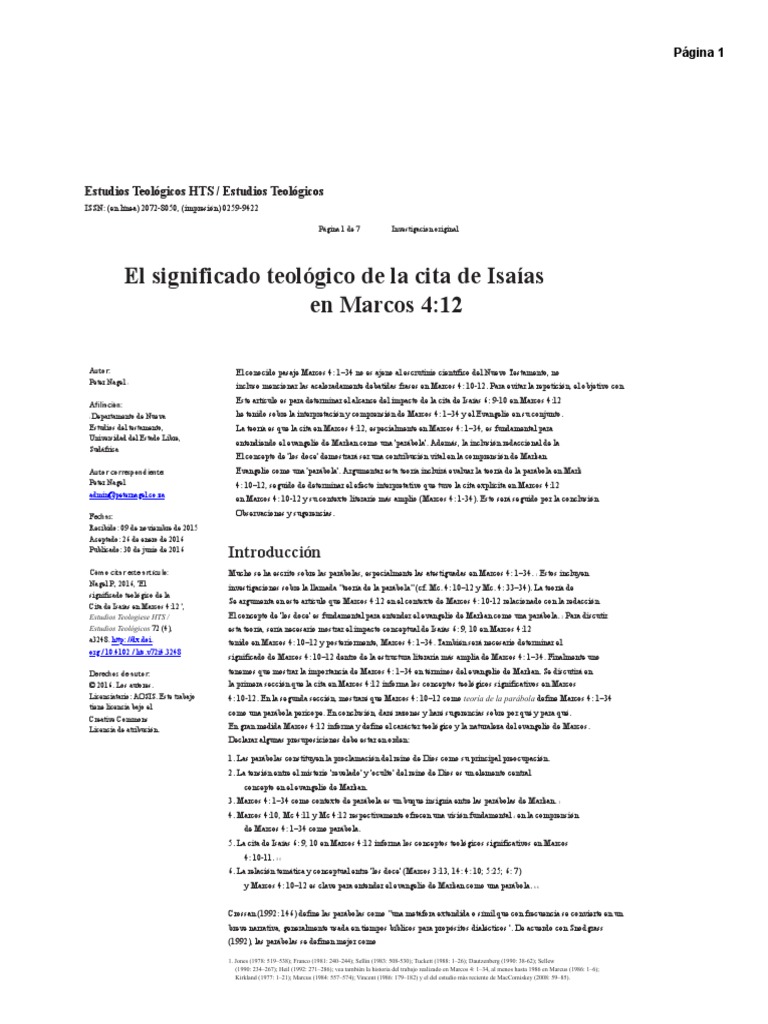 El Significado Teológico de La Cita de Isaías en Marcos 4 - 12 | PDF ...