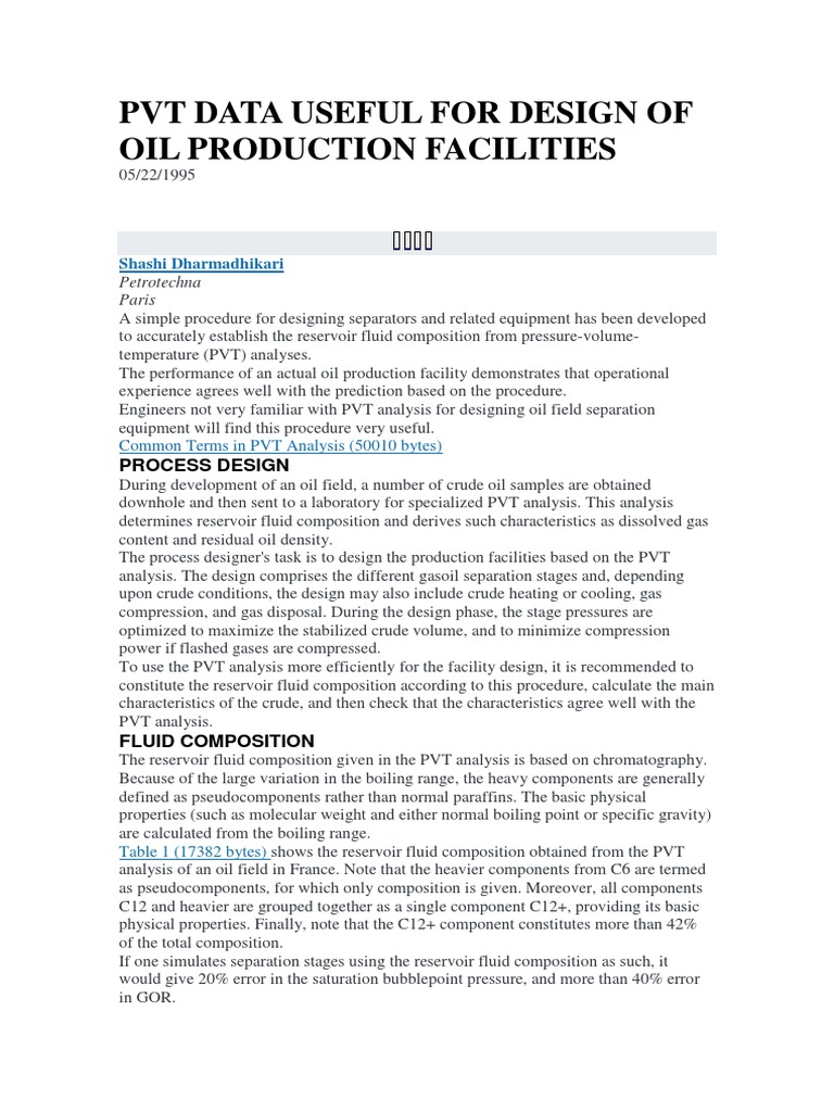 PVT Data Useful For Design of Oil Production Facilities | PDF ...