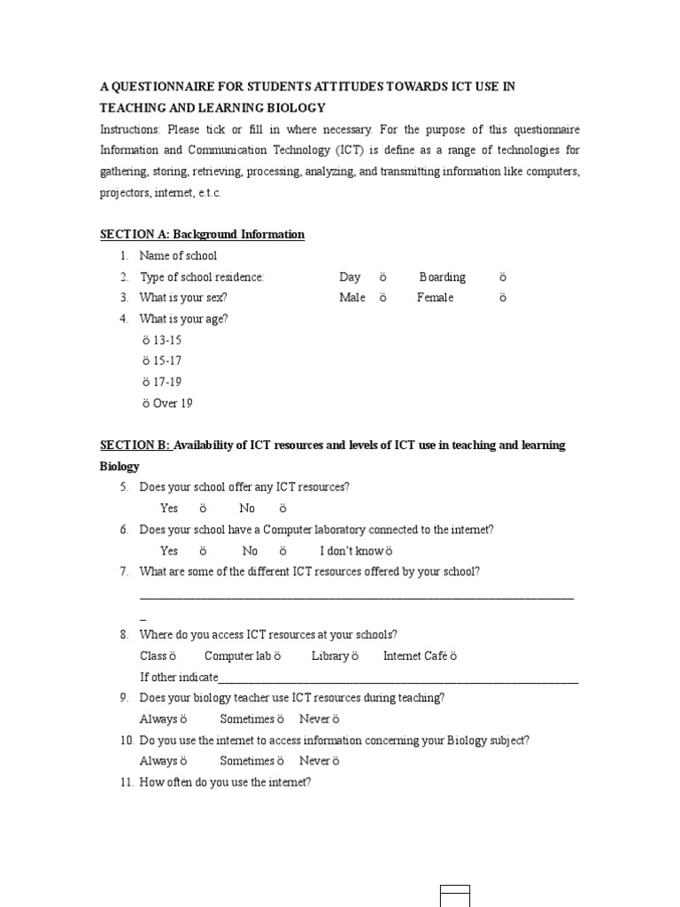 A Questionnaire For Students Attitudes Towards Ict Use In Teaching And ...