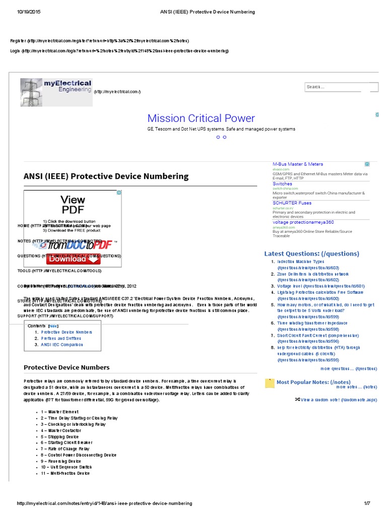 ANSI (IEEE) Protective Device Numbering | PDF | Relay | Switch