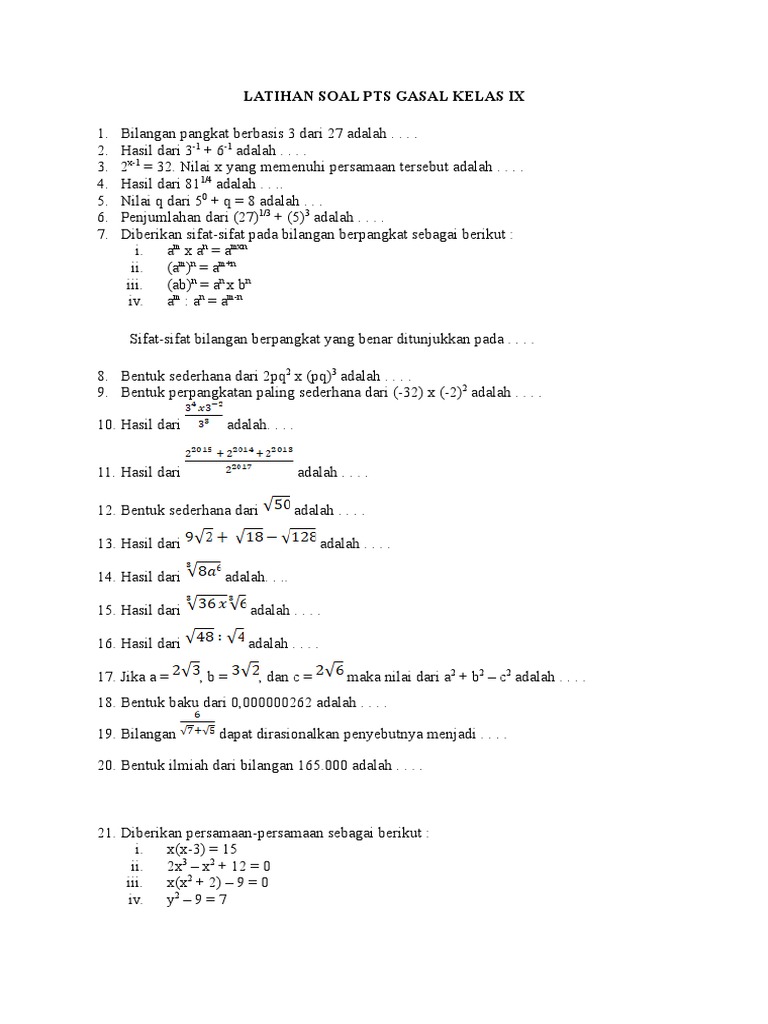 LATIHAN SOAL Matematika PTS GASAL KELAS IX | PDF | Metode & Bahan Ajar