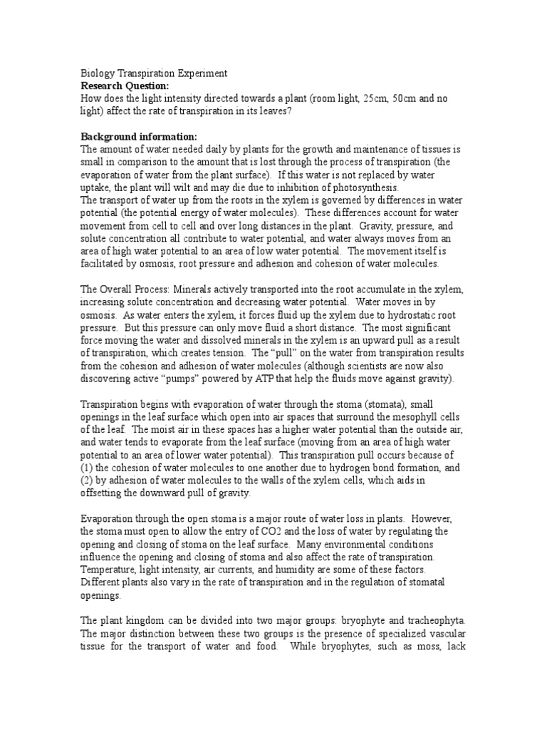 Transpiration Lab Report | PDF | Stoma | Leaf