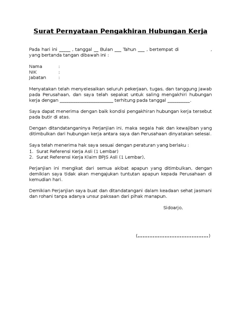 Contoh Surat Pernyataan Pengakhiran Hubungan Kerja | PDF