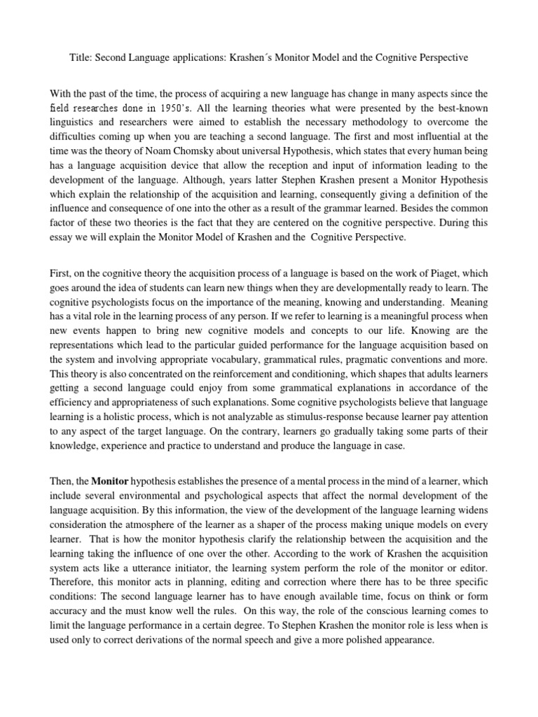 Second Language Applications: Krashen S Monitor Model and The Cognitive ...