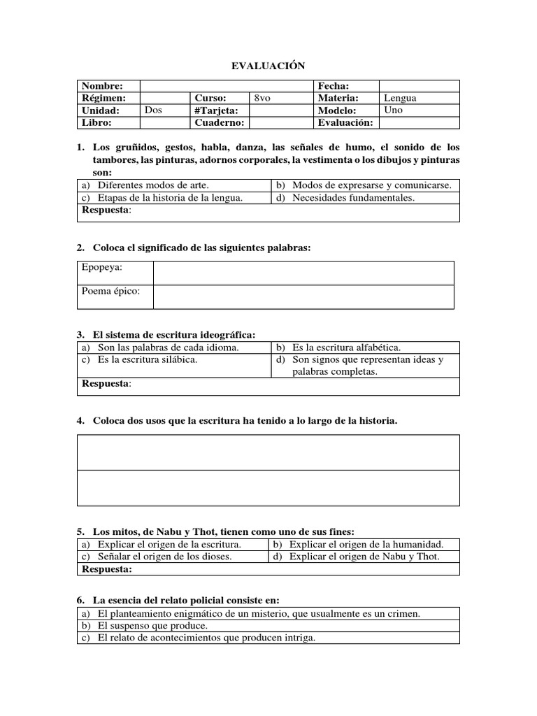 Evaluación 8vo Lengua Unidad 2 | PDF | Sílaba | Escritura