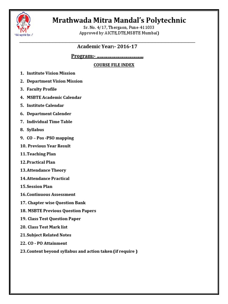 Course File Index PDF | PDF | Syllabus | Rubric (Academic)