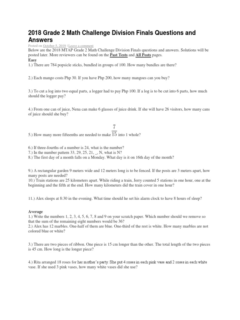 2018 Grade 2 Math Challenge Questions | PDF