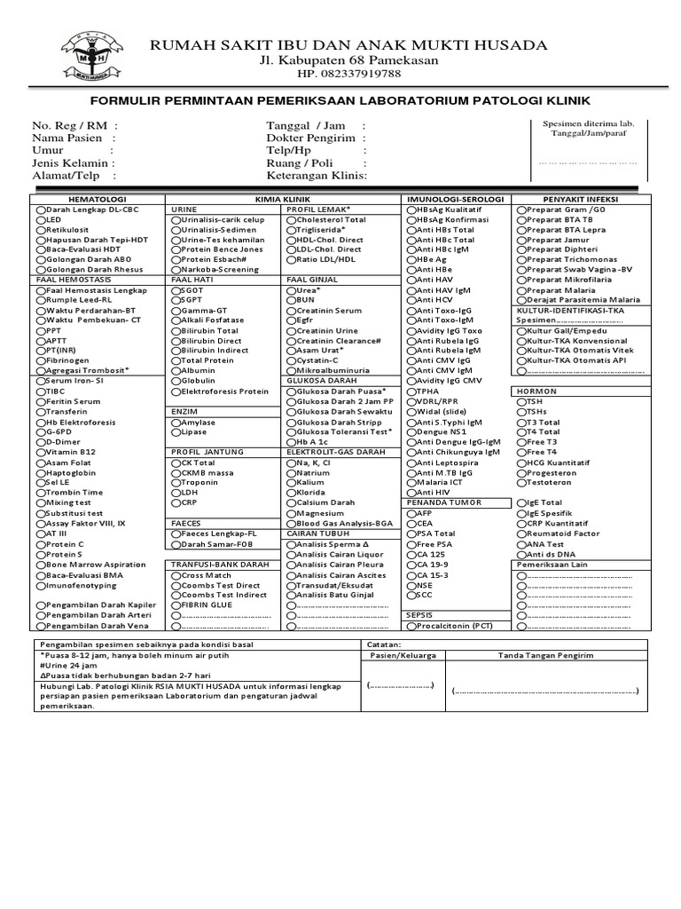 Formulir Permintaan Dan Hasil Pemeriksaan Laboratorium Klinik | PDF ...