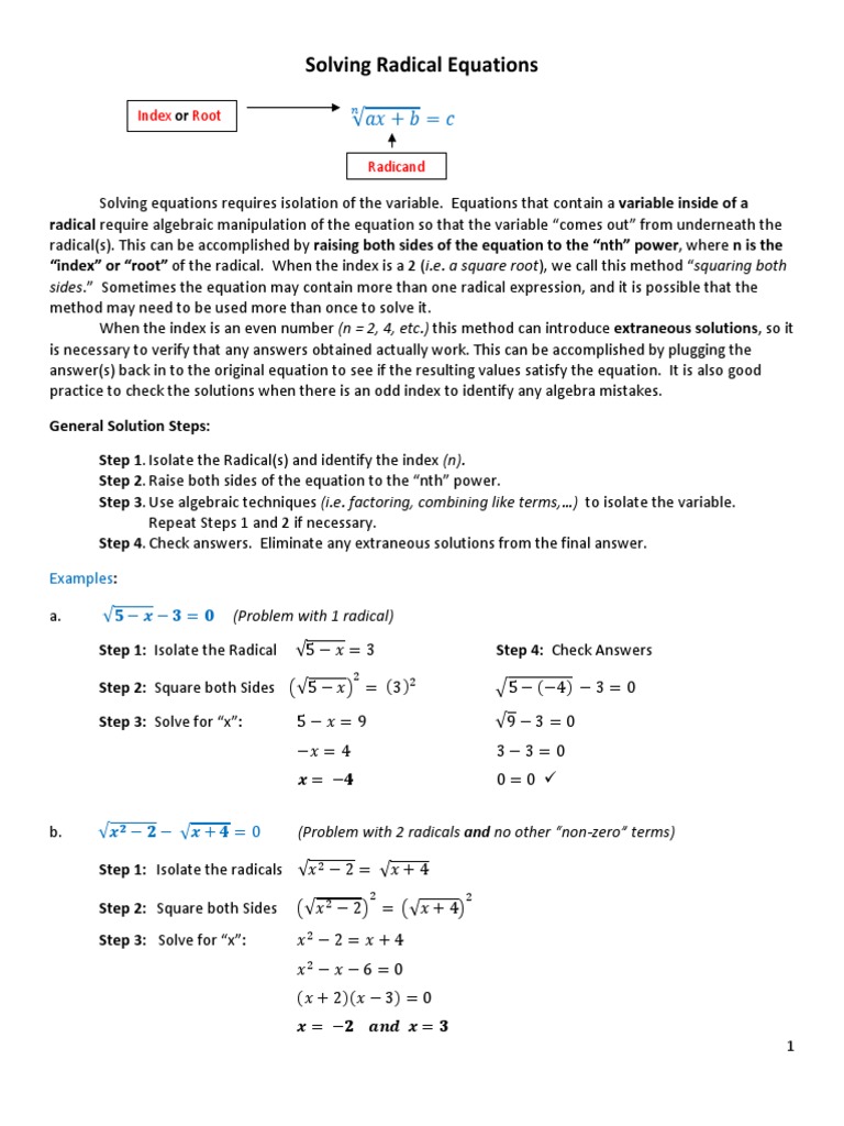 Solving Radical Equations Step-by-Step | PDF | Equations | Elementary ...